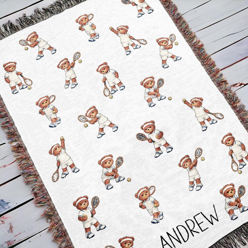 Personalized Tennis Player Teddy Bear Baby Blanket, Preppy Tennis Baby ...