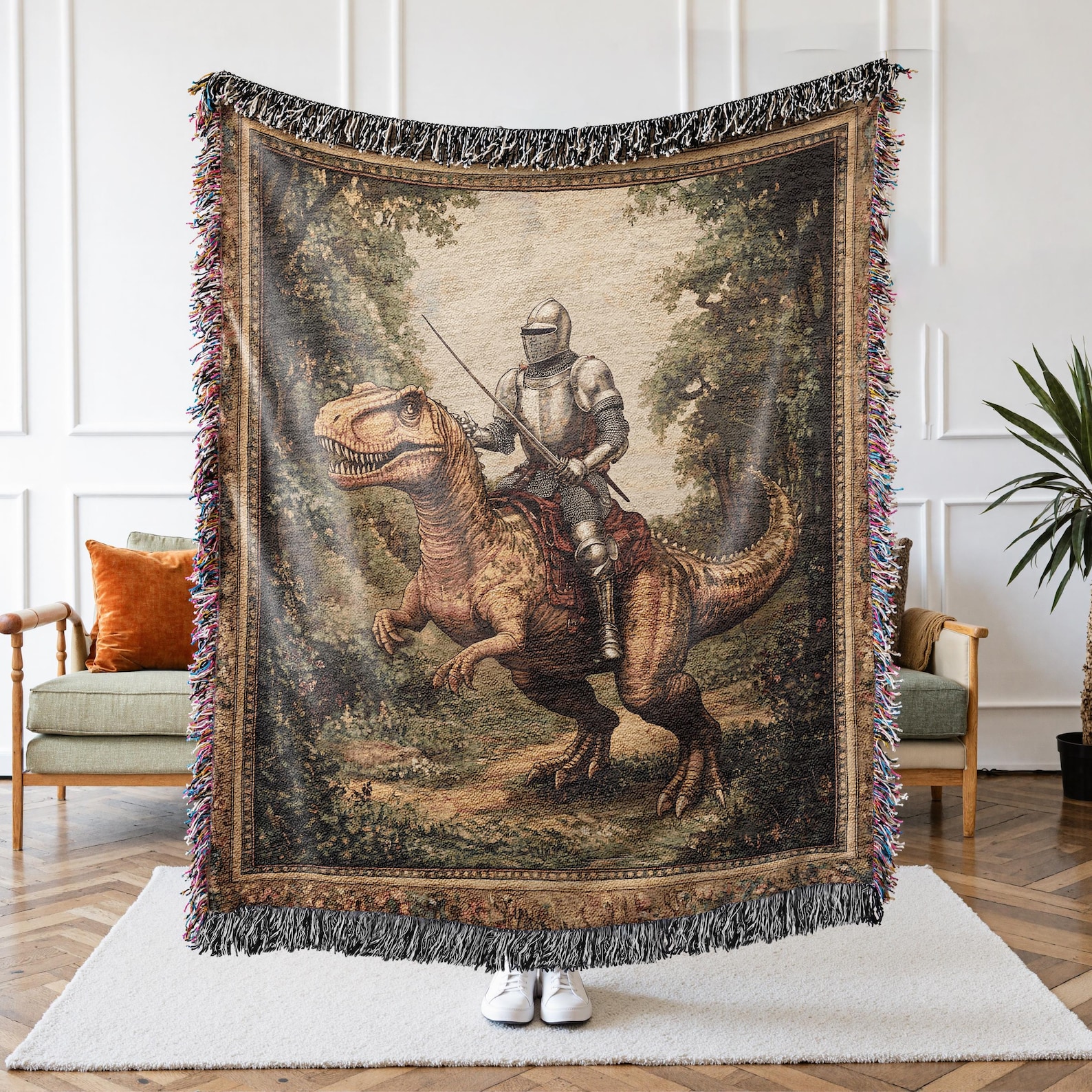 Knight on T-rex Dinosaur Woven Throw Blanket, Medieval Fantasy Romance ...