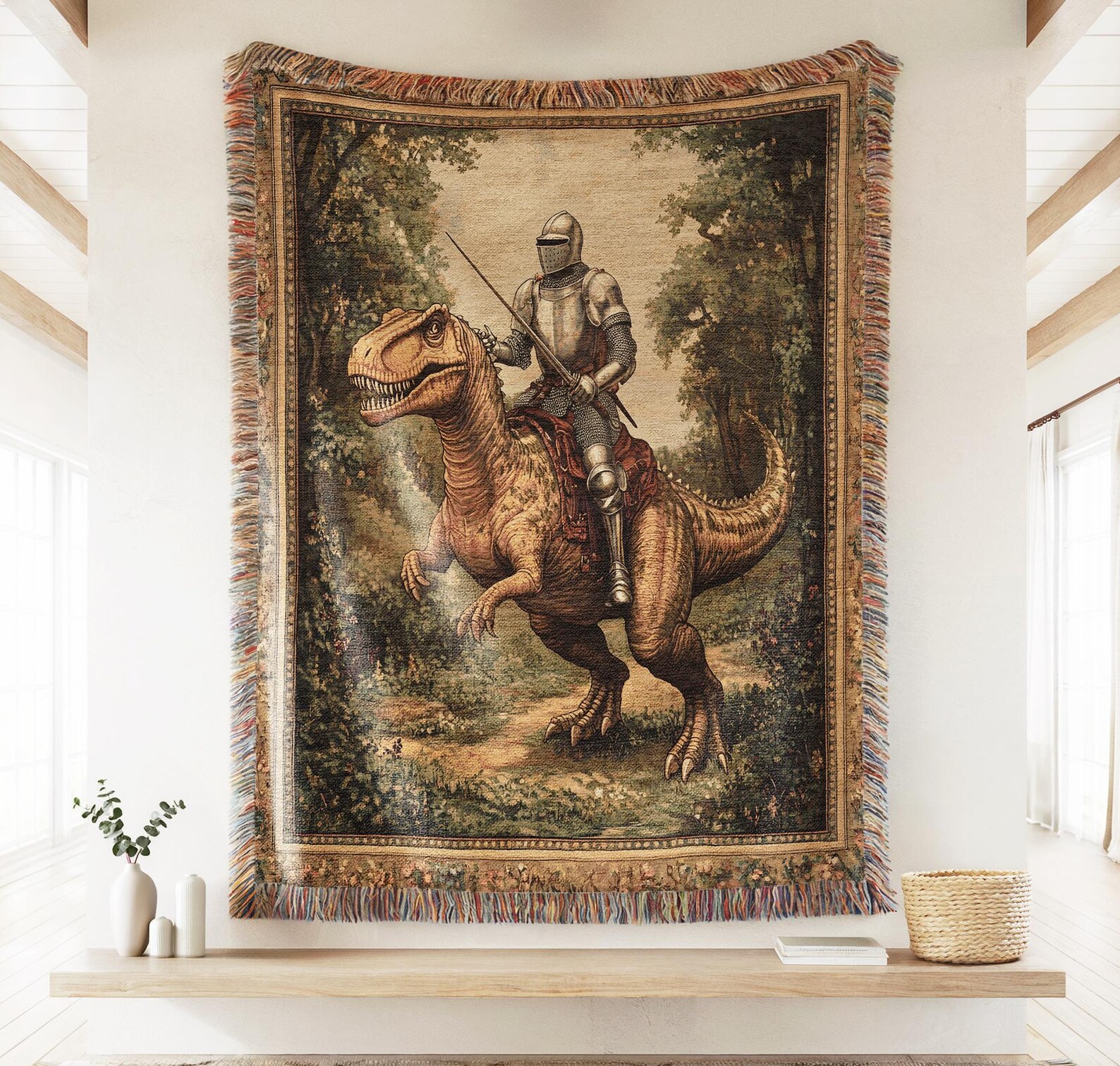 Knight on T-rex Dinosaur Woven Throw Blanket, Medieval Fantasy Romance ...
