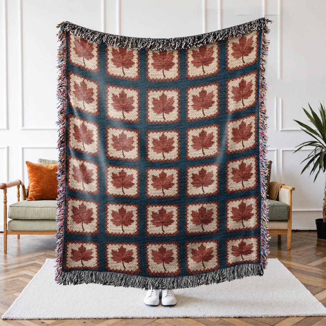 Autumn Maple Leaf Faux Granny Square Quilt Woven Throw Blanket, Nature ...