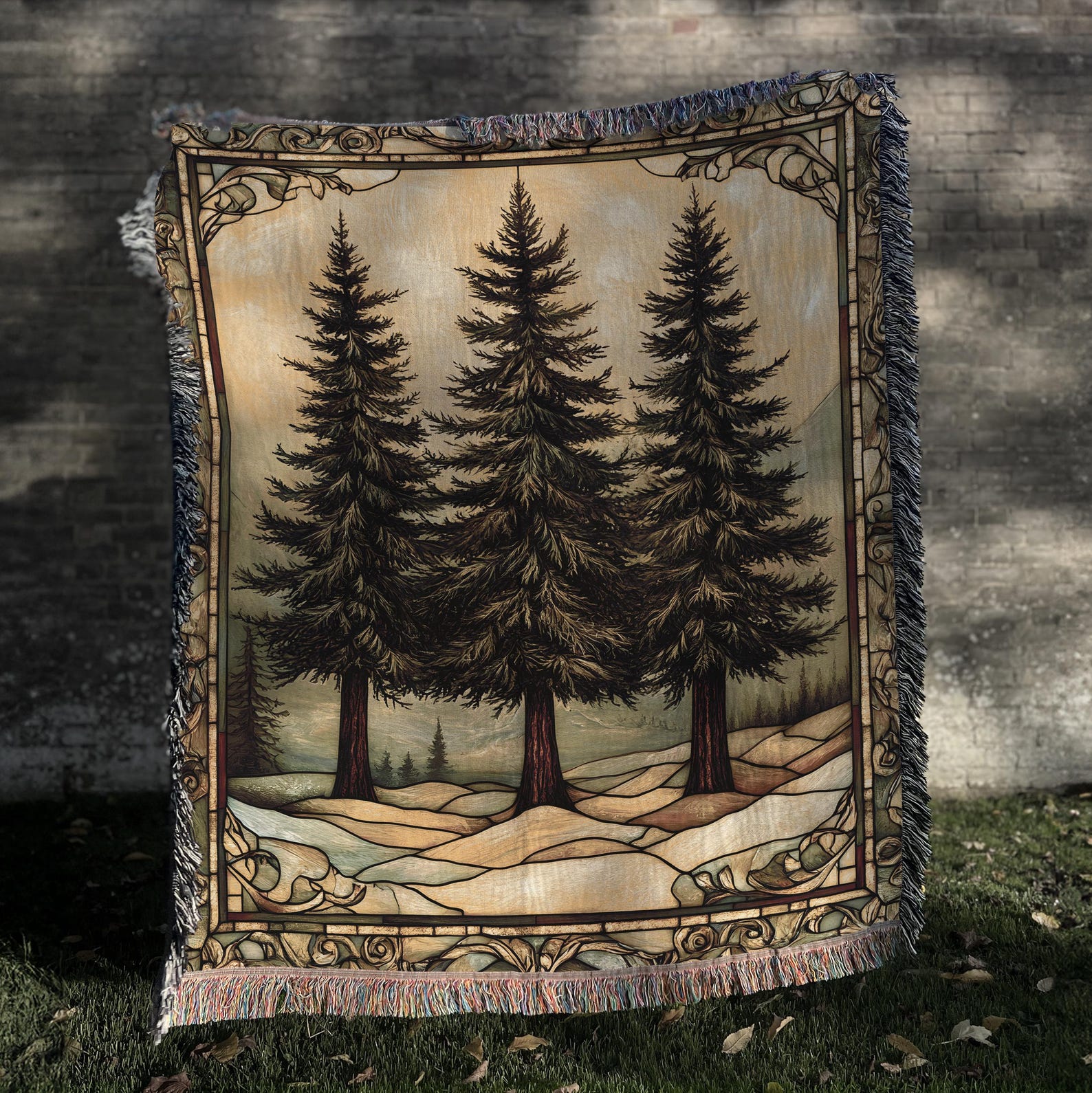 Stained Glass Pine Trees Woven Throw Blanket, Rustic Winter Maximalist ...