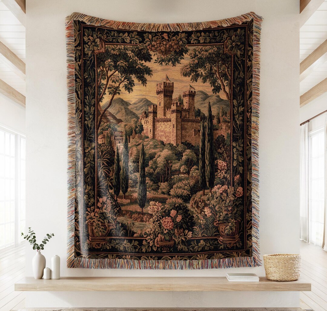 Medieval Castle Woven Decorative Throw Fringe Blanket, Fantasy Knight ...