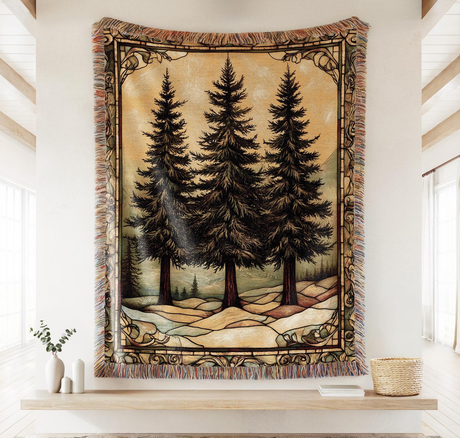 Stained Glass Pine Trees Woven Throw Blanket, Rustic Winter Maximalist ...