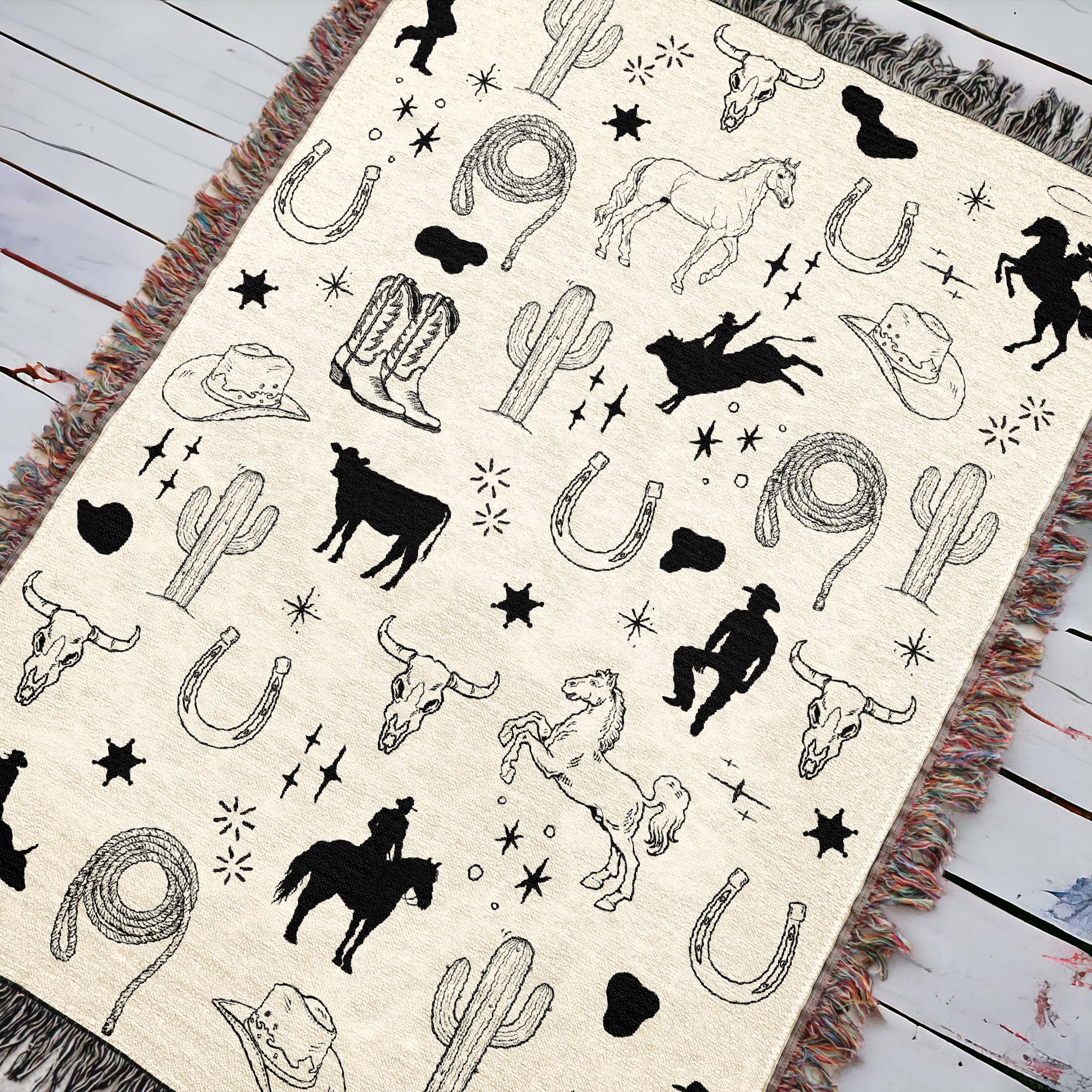 Western Cowboy Line Art Woven Throw Blanket, Countrycore Rustic ...