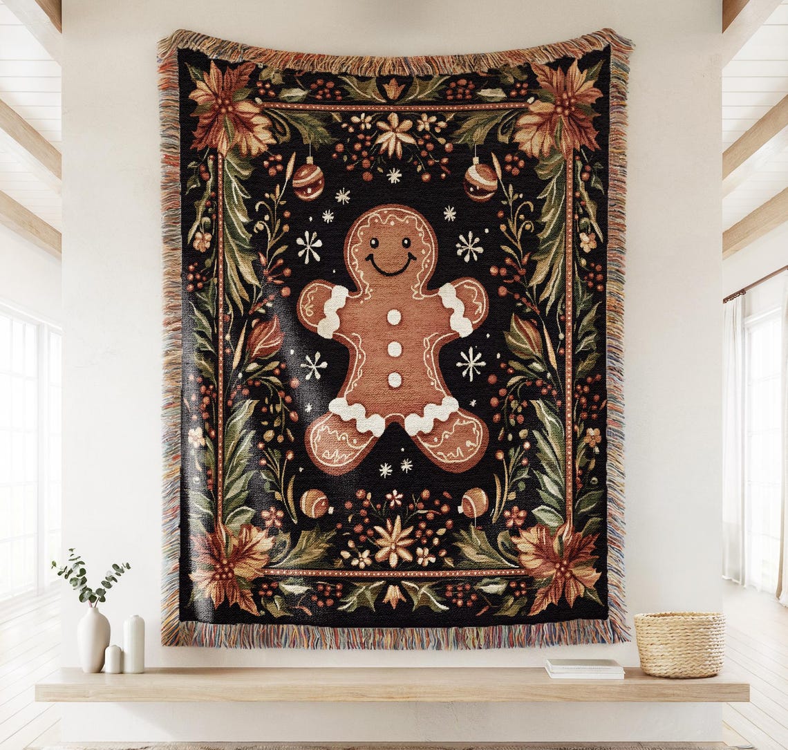 Classic Gingerbread Man Woven Throw Blanket, Dark Moody Holiday Wall ...