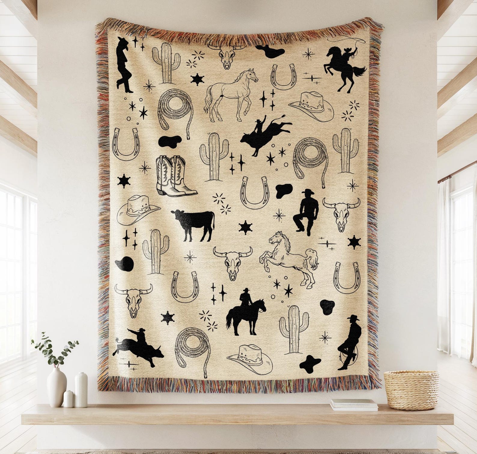 Western Cowboy Line Art Woven Throw Blanket, Countrycore Rustic ...