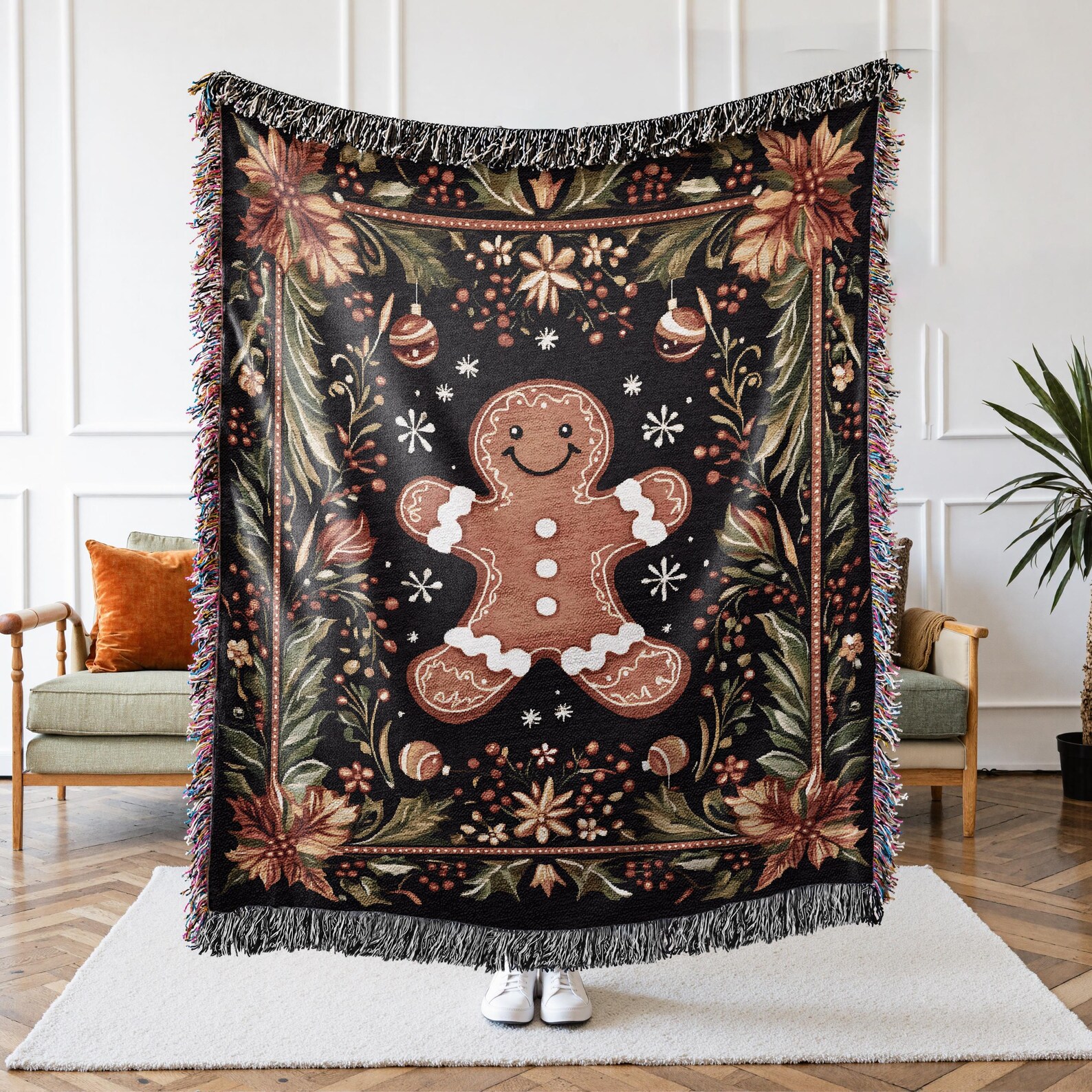 Classic Gingerbread Man Woven Throw Blanket, Dark Moody Holiday Wall ...