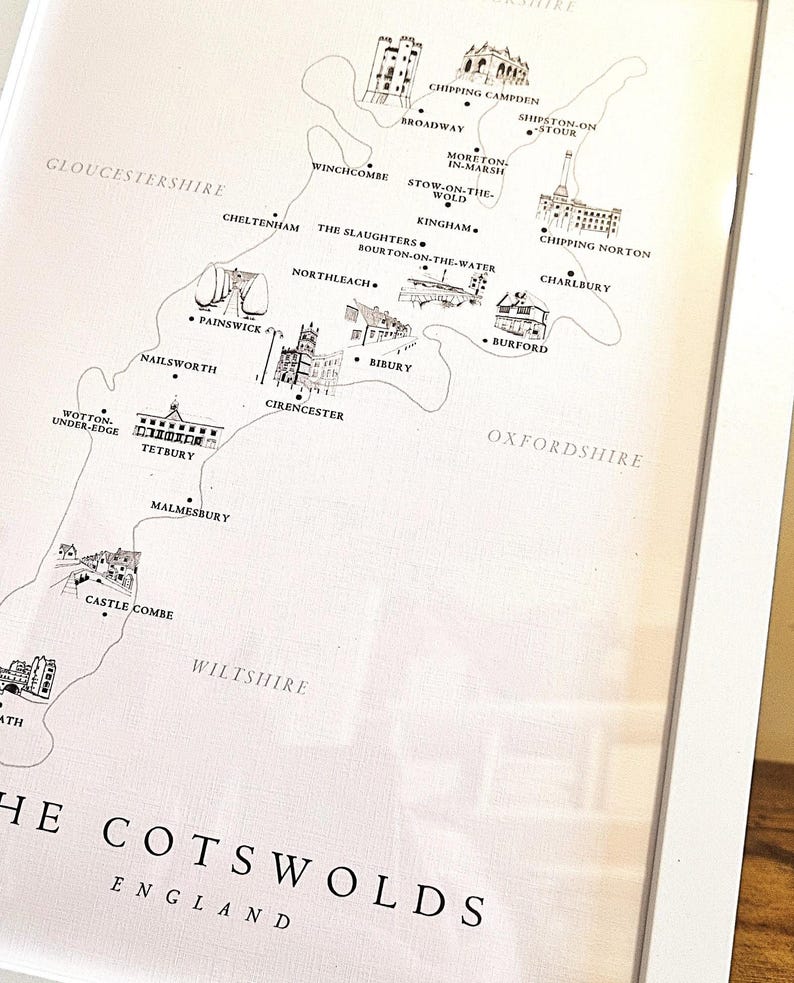 A4 Cotswolds Map Illustrated Art Print Signed and Framed white - Etsy