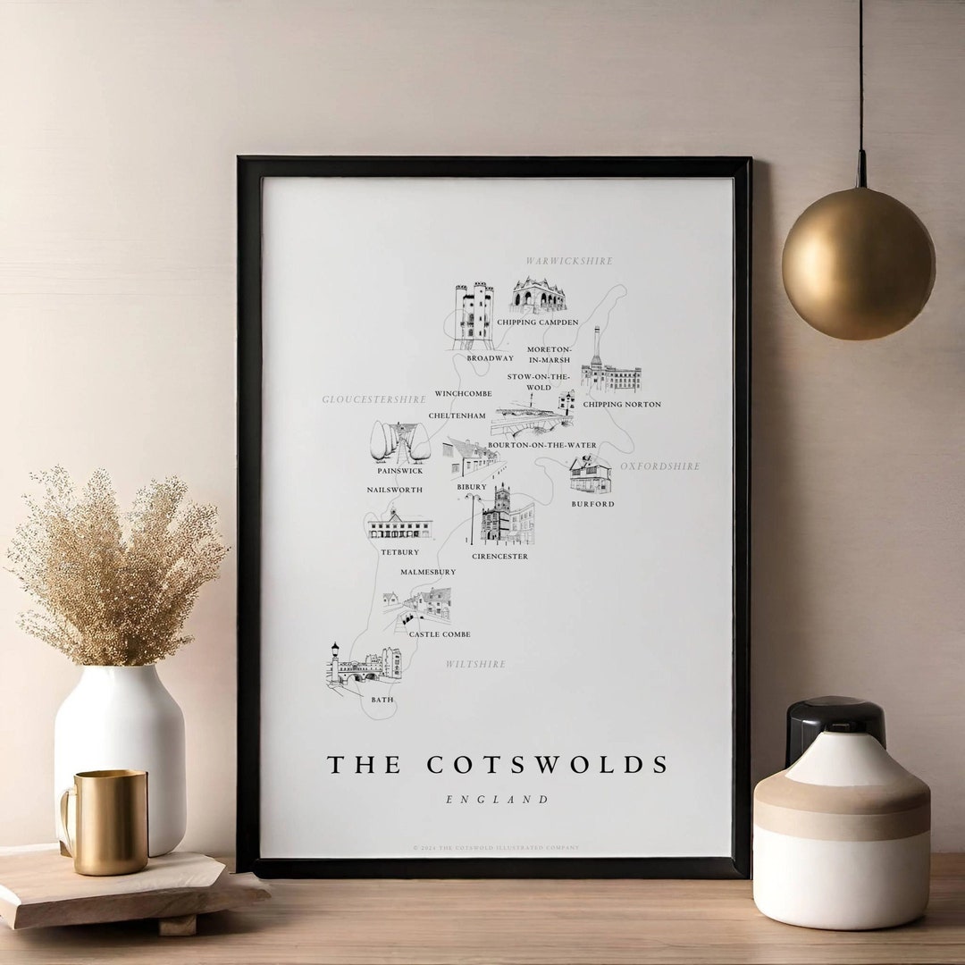 Pen & Ink Cotswolds Hand-illustrated Map Print Framed A3 Wall Art black ...