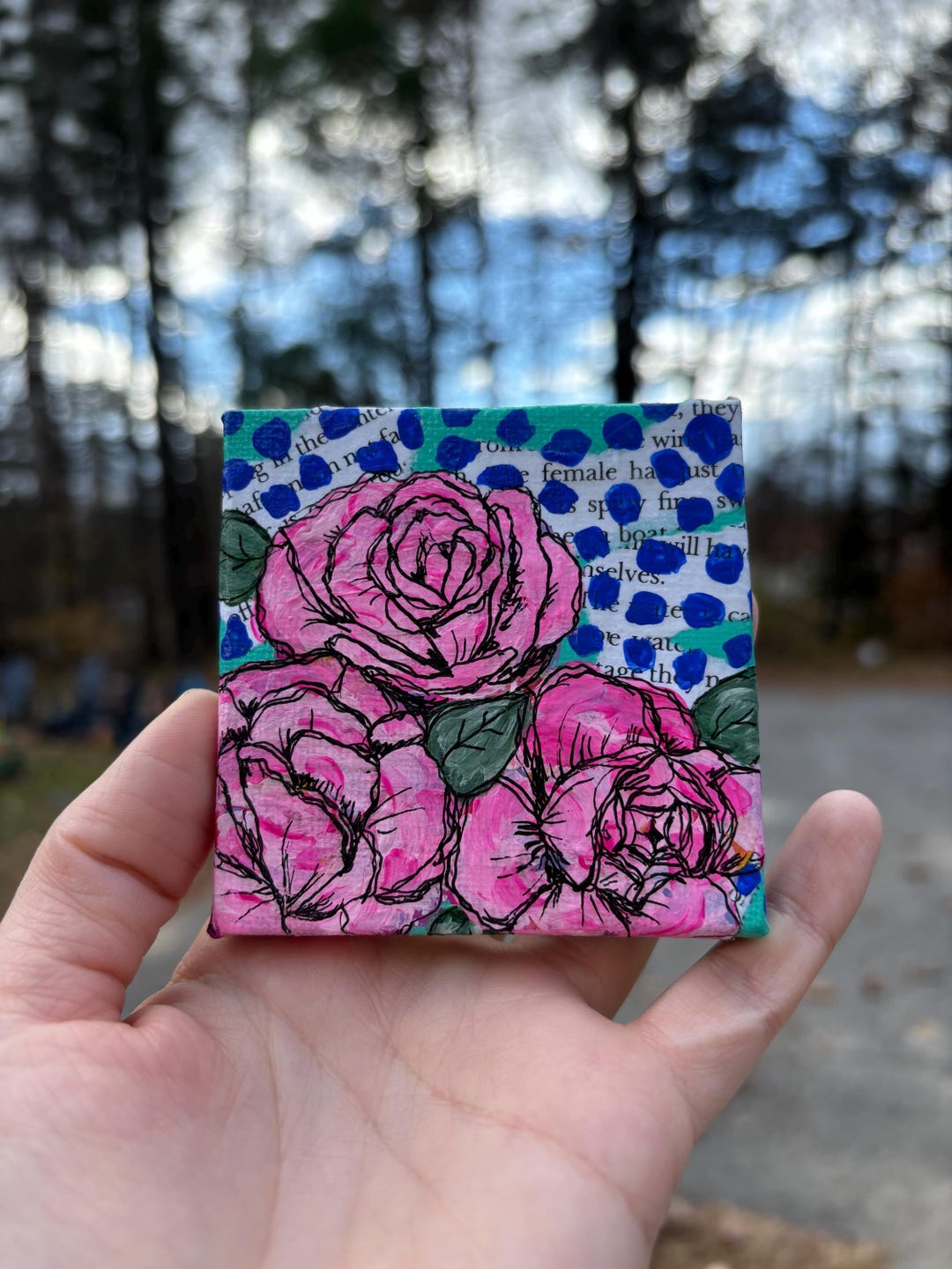 Bright Pink and Blue Floral Pop Art Mini Painting 3" X 3" Miniature Art ...
