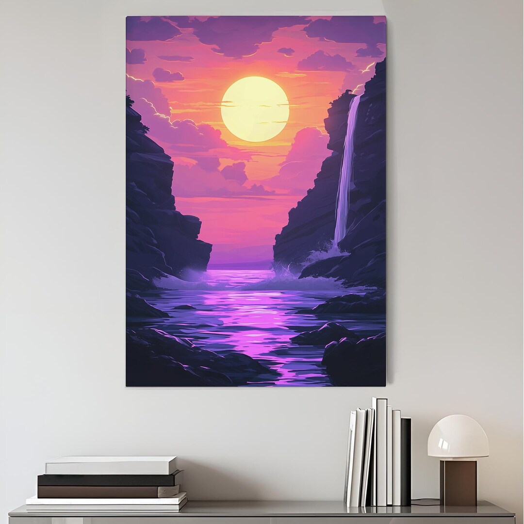 Anime Vaporwave Sunset Ocean Canvas | Pink & Purple Aesthetic Seascape ...