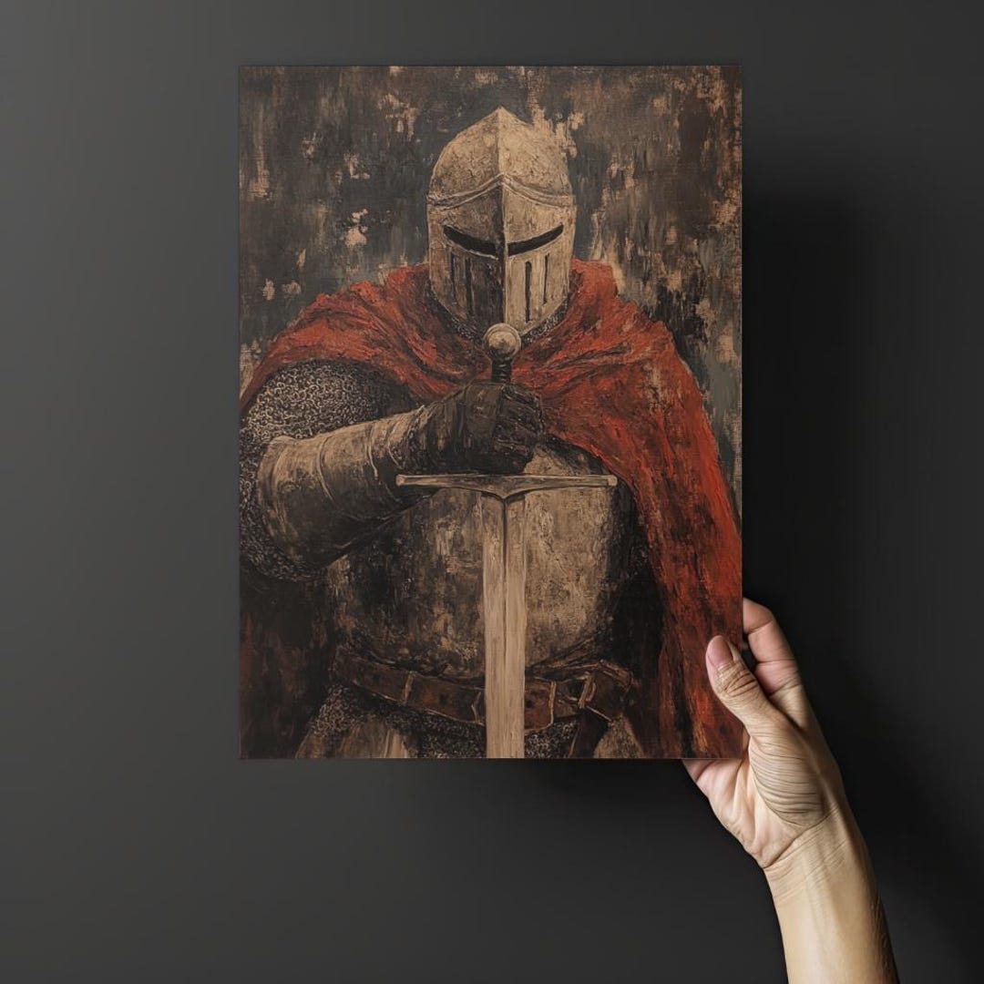 Majestic Knight Oil Painting, Warrior in Red Cape, Medieval Sword Art ...