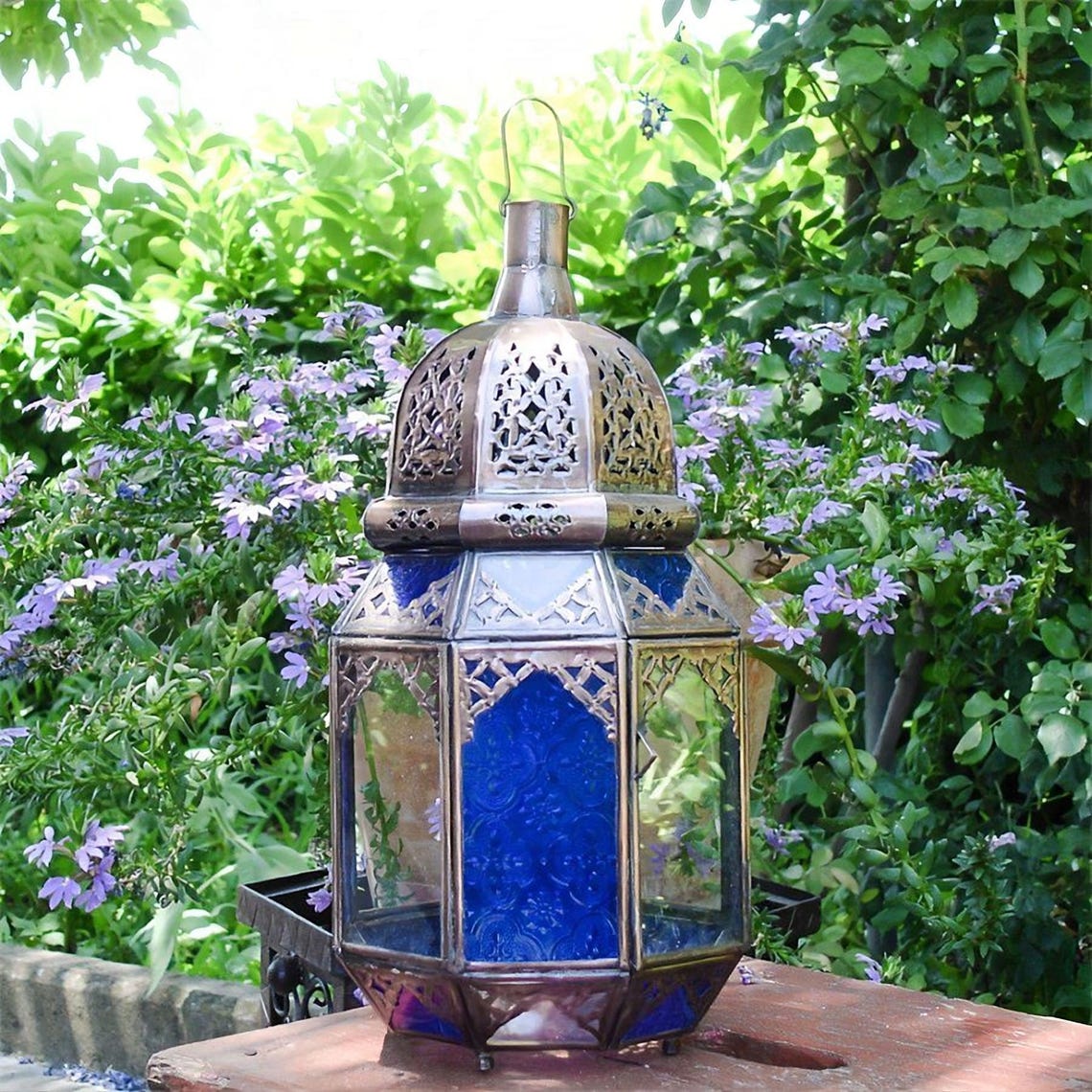 Moroccan Blue Glass Pendant Light - Handcrafted Galvanized Copper ...