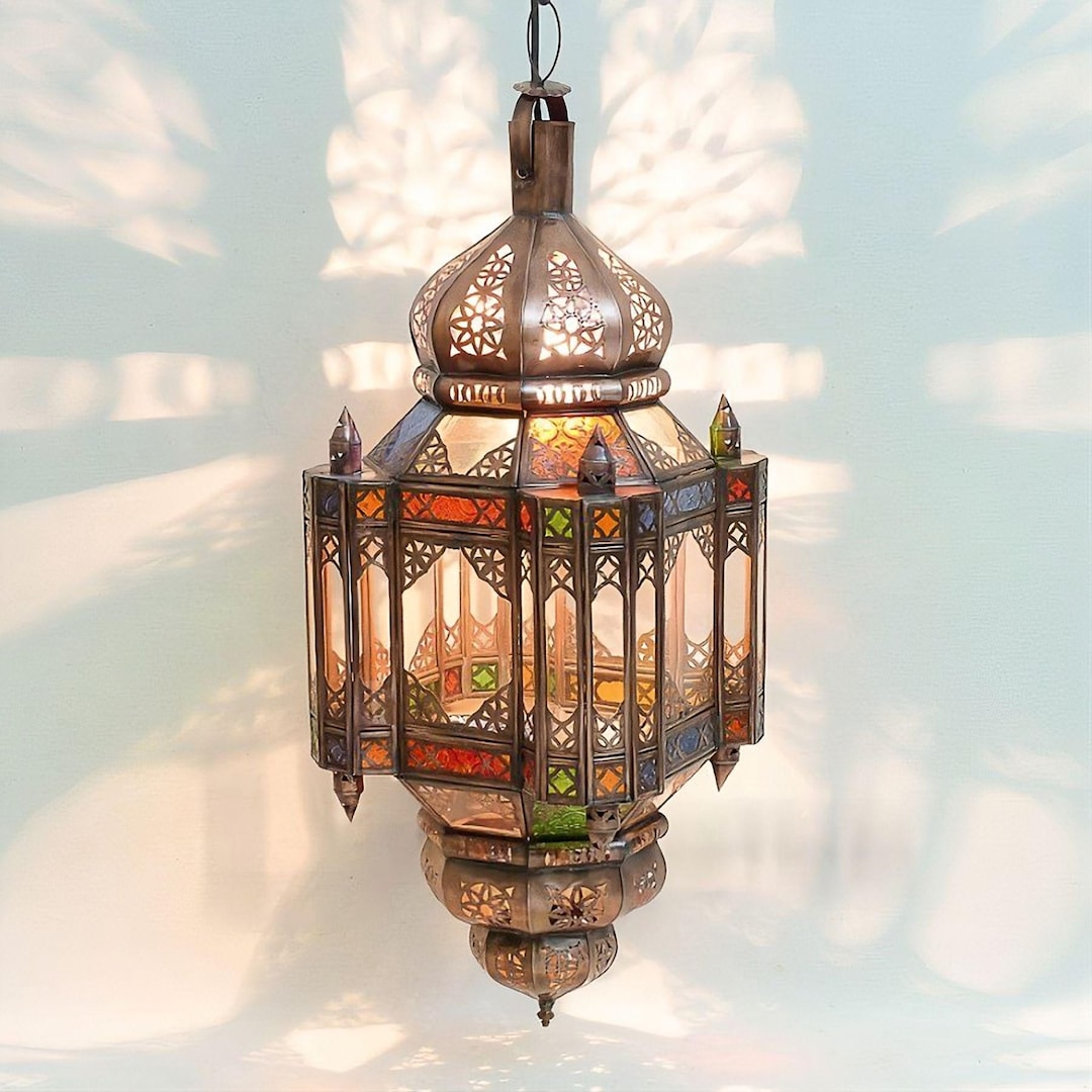 Moroccan Multicolored Brass and Glass Pendant Light - Traditional ...