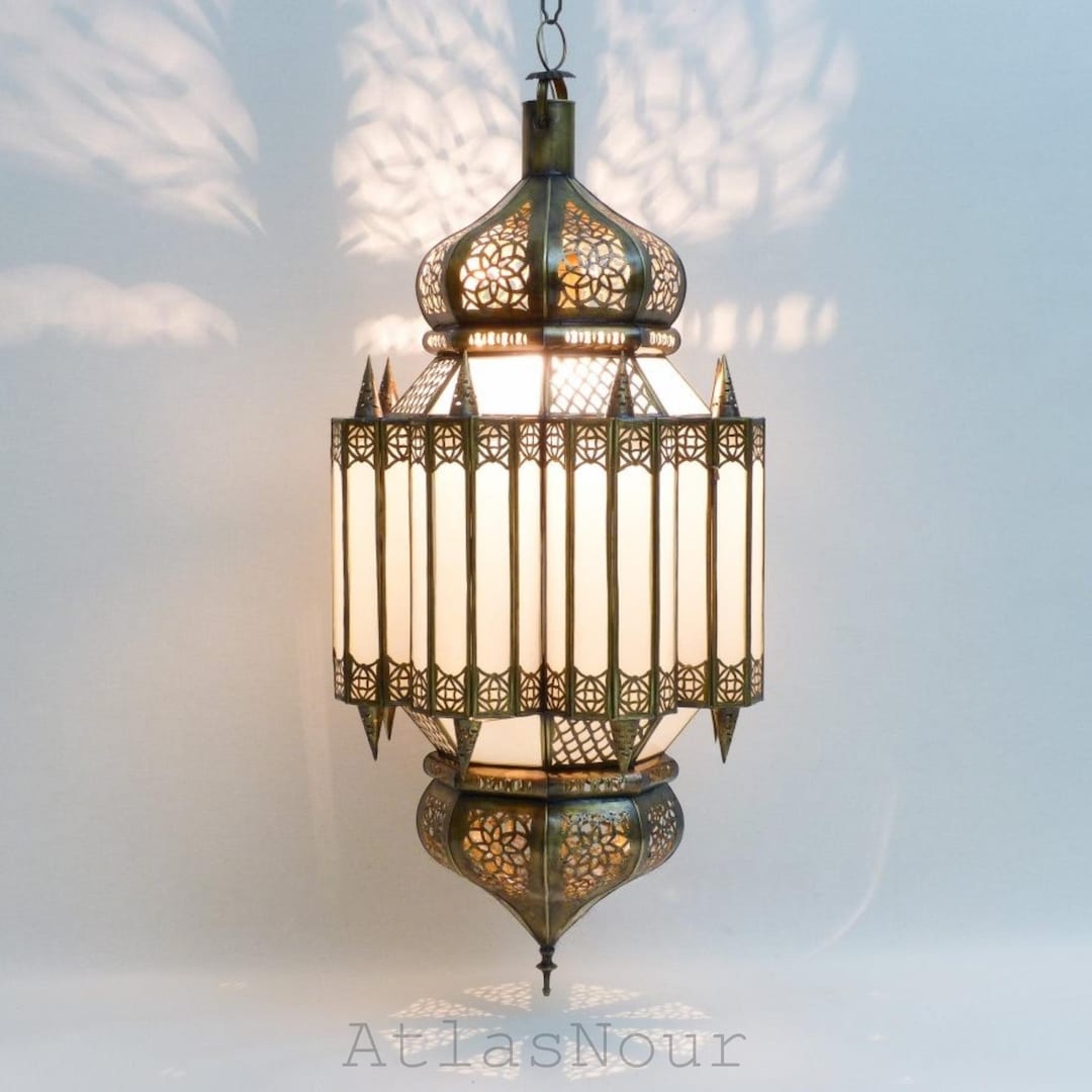 Moroccan Brass Pendant Lamp – Handmade Moorish Lantern, Frosted Glass ...