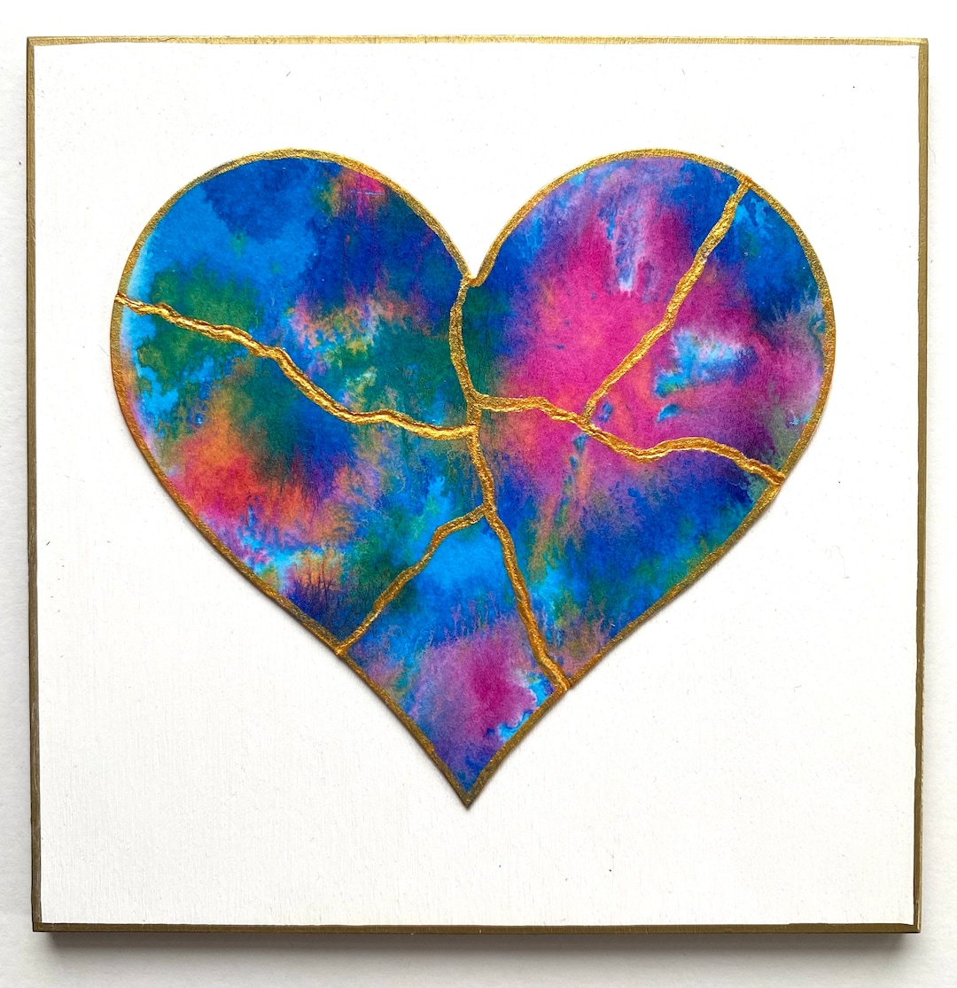 Kintsugi Mended Heart Painting Original Art, Watercolor Heart Mounted ...