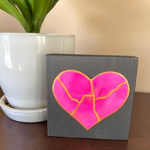 Kintsugi Mended Heart Shelf Art Inspirational Painting on Wood Block ...