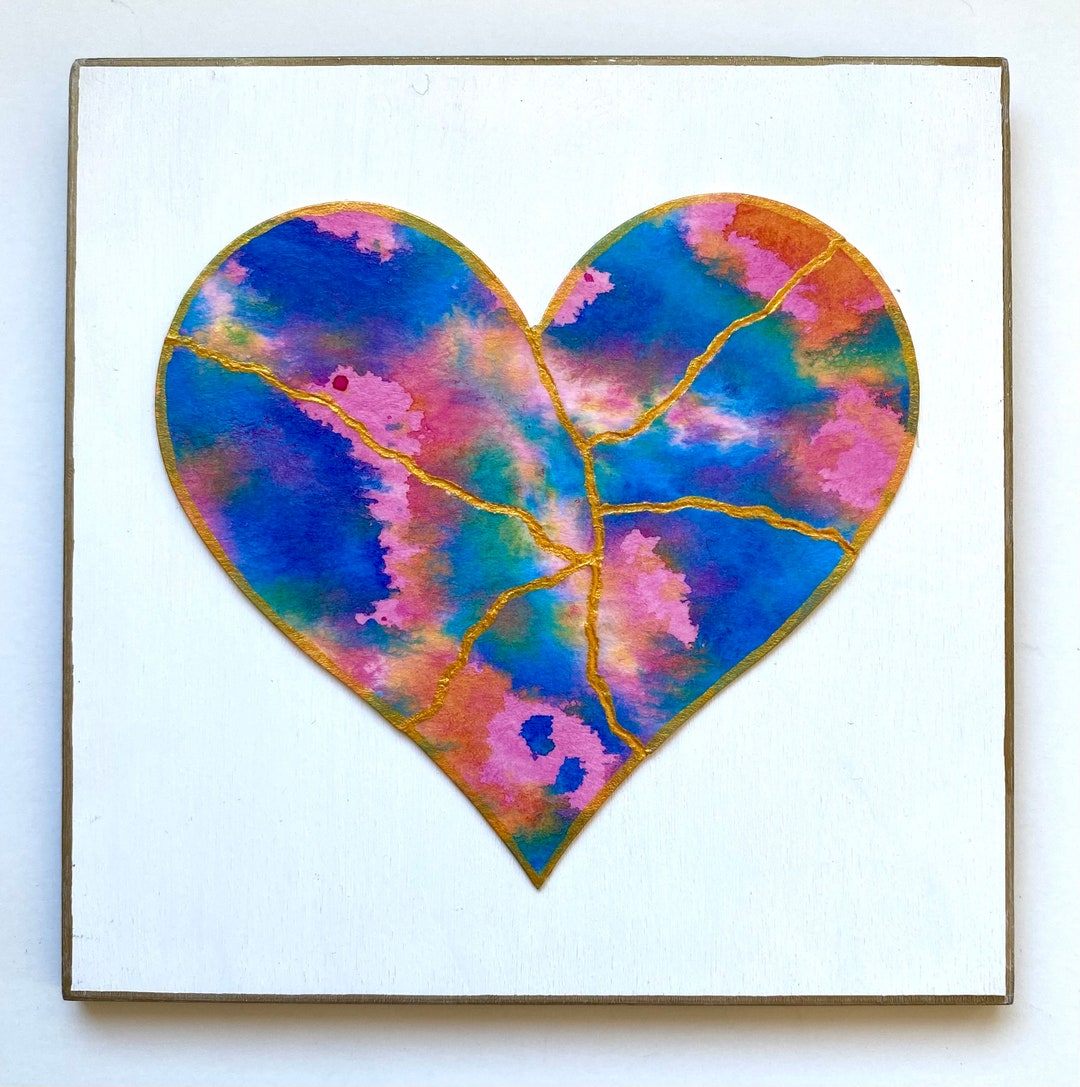 Kintsugi Mended Heart Painting - Original Art, Watercolor Heart Mounted ...