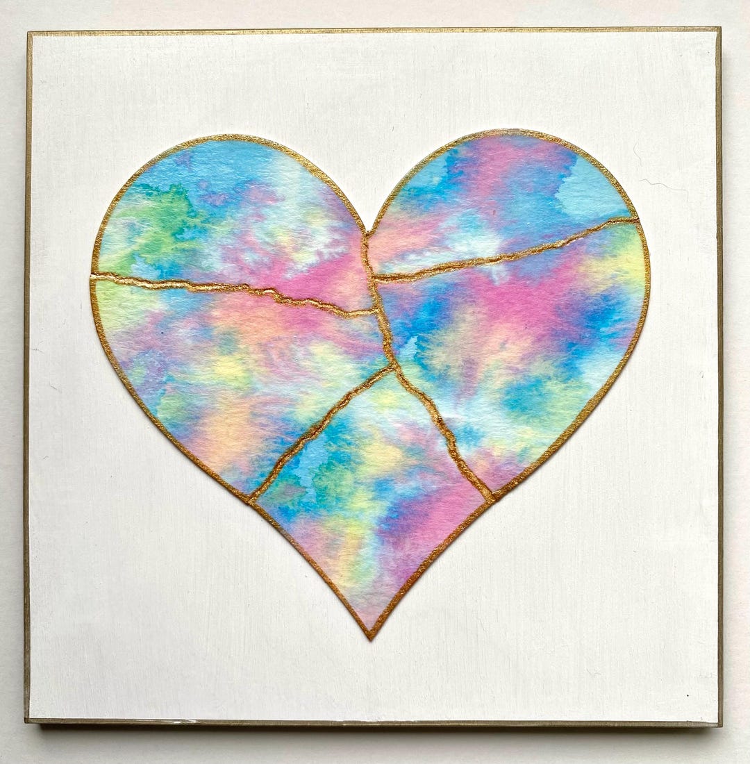 Kintsugi Mended Heart Painting - Original Art, Watercolor Heart Mounted ...