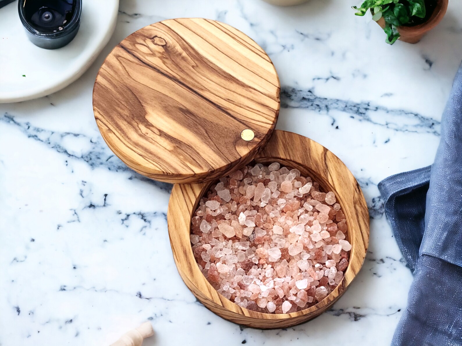 Olive Wood Salt Cellar, Pepper Holder, Small Spice Container, Kitchen ...