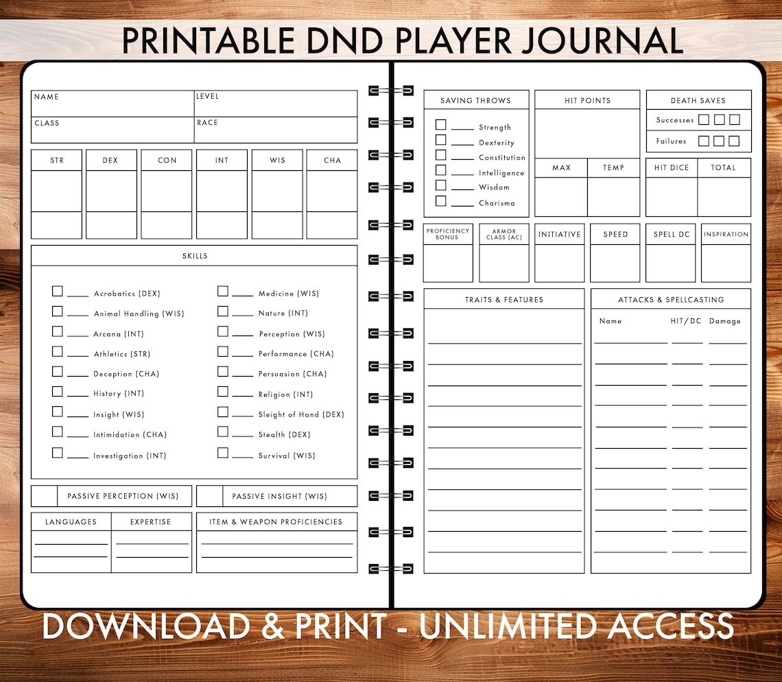 Printable 5e Player Journal, Dnd Character Sheet With Spell Cards, A5 ...