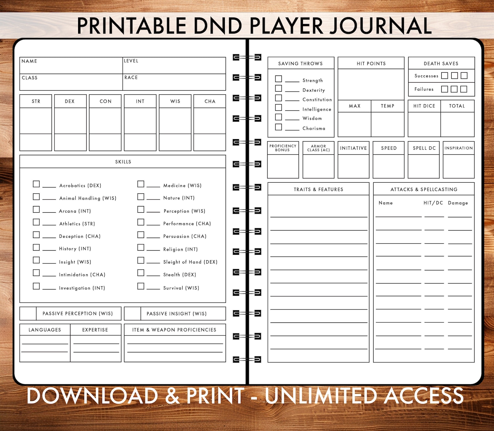 Printable 5e Player Journal, Dnd Character Sheet With Spell Cards, A5 ...