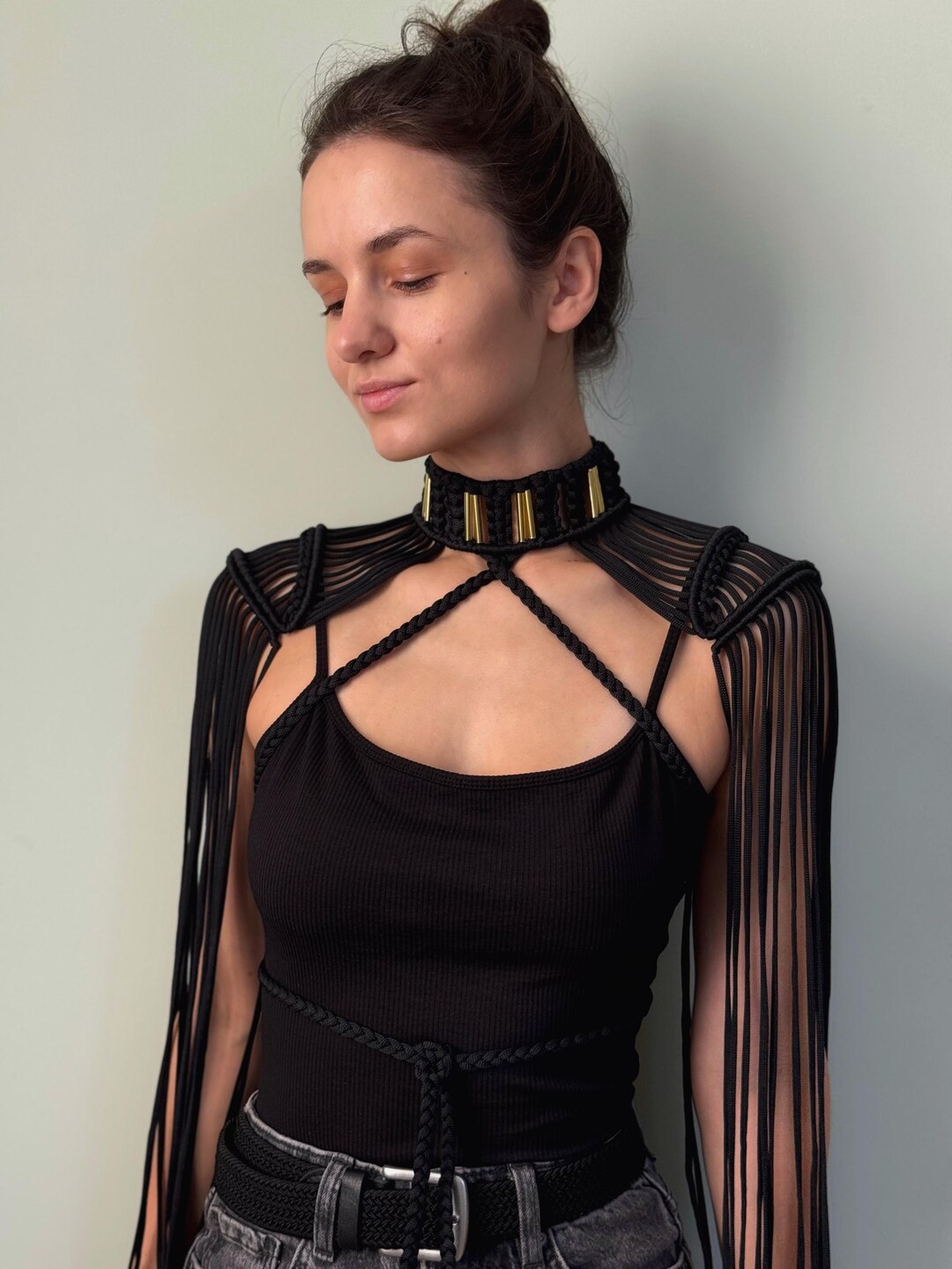 Black Macrame Fringe Epaulettes — Goth Choker Necklace for Rave Outfit ...