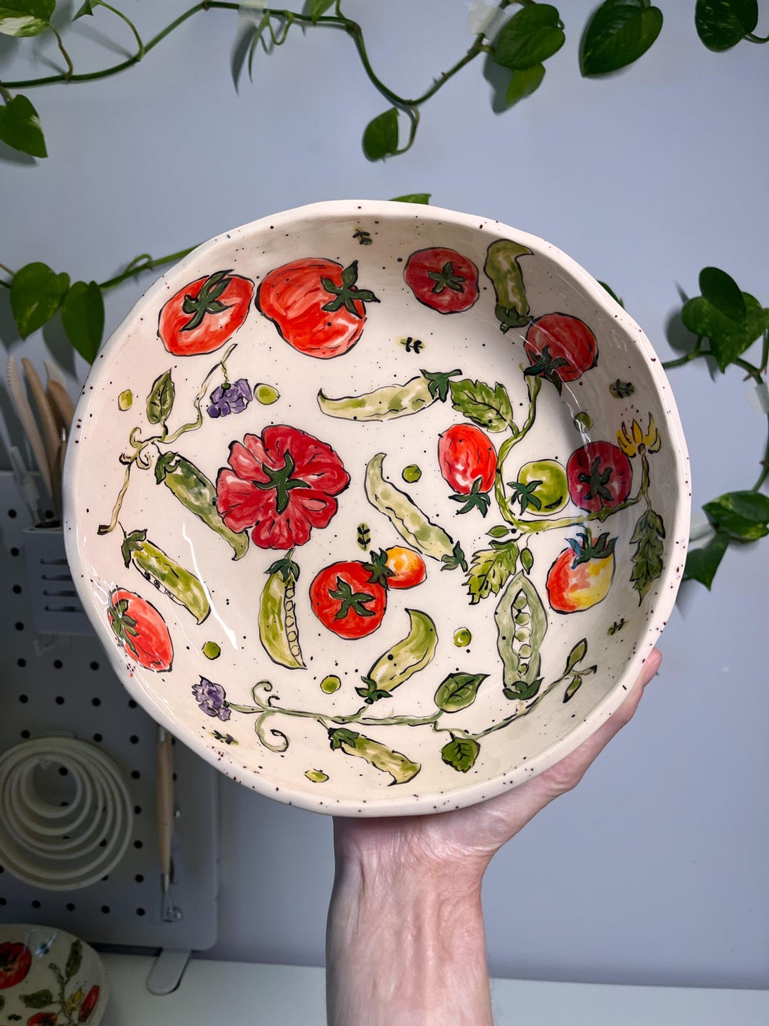 Tomato and Peas Salad Plate Set, Hand Painted Floral Stoneware Bowl ...