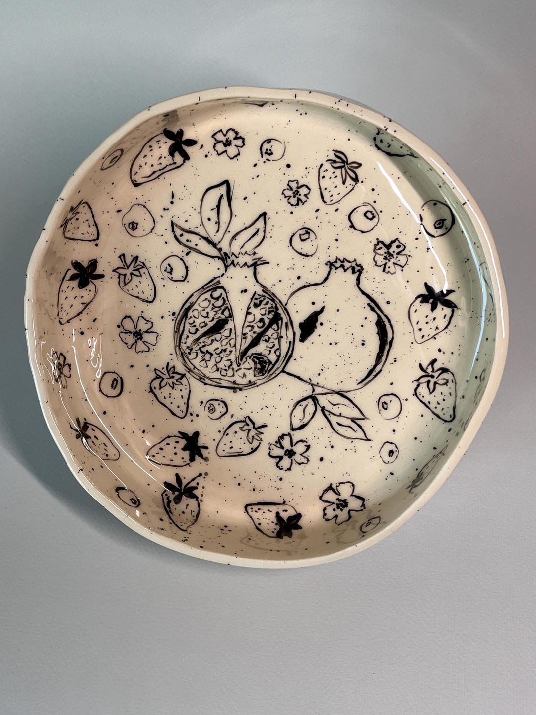 Deep Salad Plate With Pomegranate, Hand Painted Berries Bowl, Stoneware ...