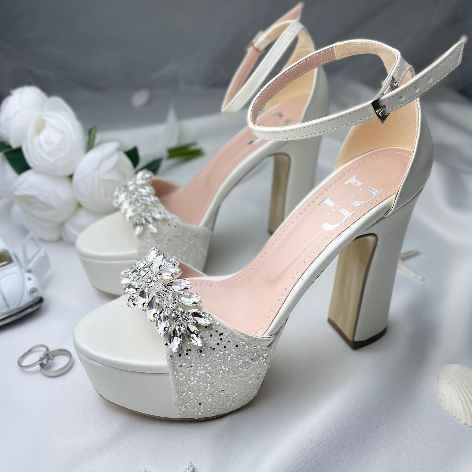 White Pearl Tulle Ankle Strap Wedding Shoes, Platform Heeled Shoe ...