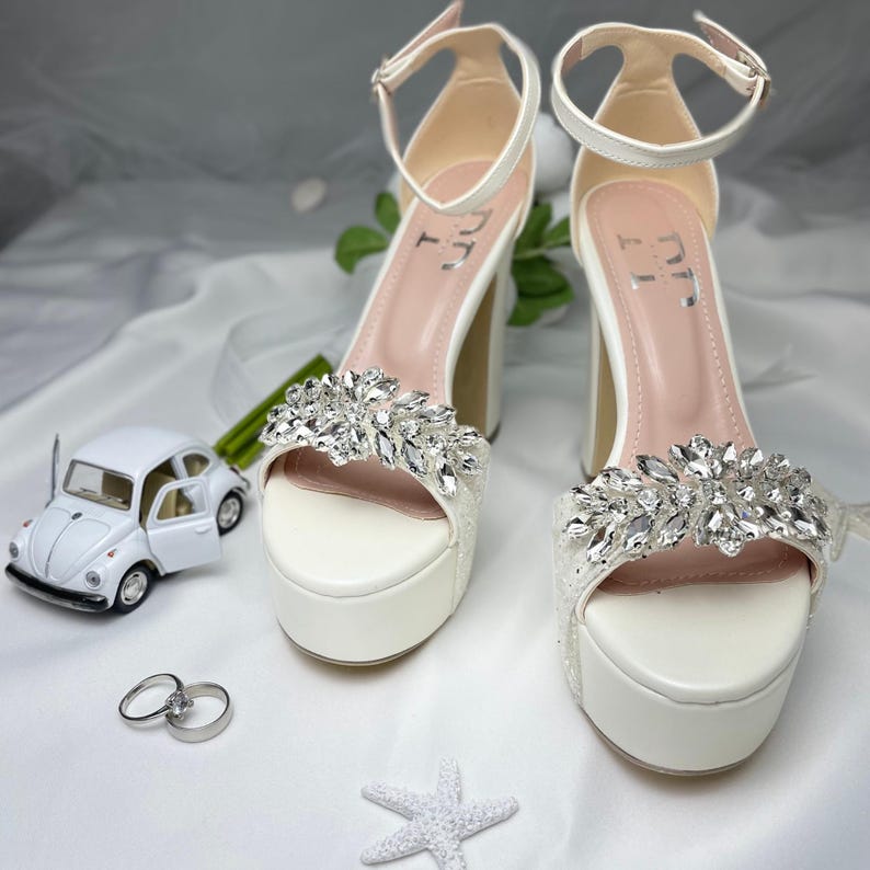 White Pearl Tulle Ankle Strap Wedding Shoes, Platform Heeled Shoe ...