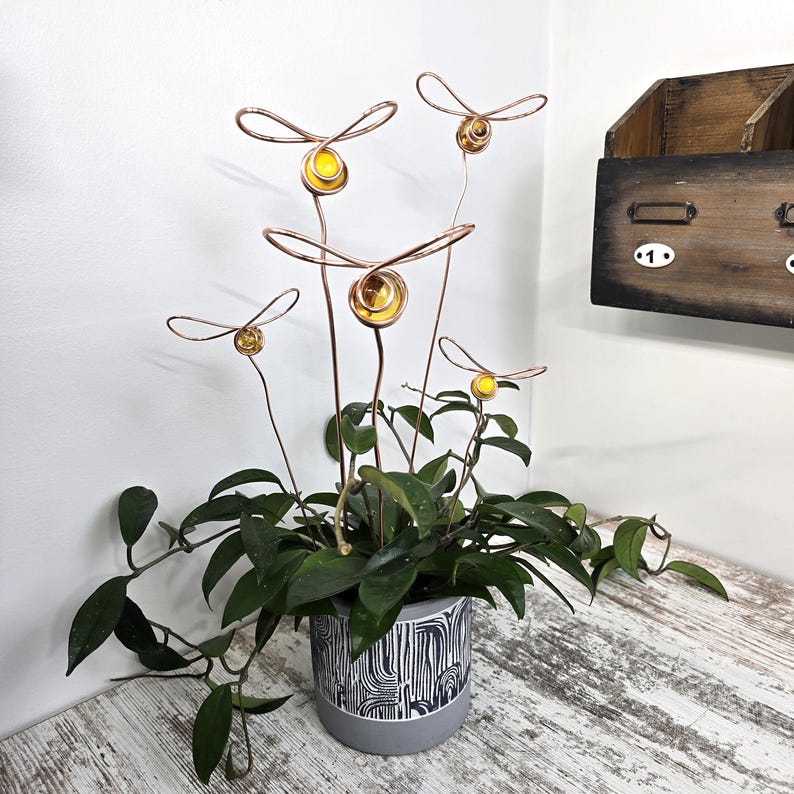 Hand-sculpted Copper Bee Plant Stake, Glass Garden Art, Houseplant ...