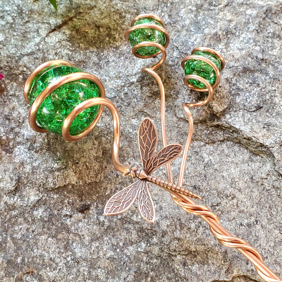 Dragonfly Garden Stake, Decorative Plant Stakes, Glass and Copper Stick ...