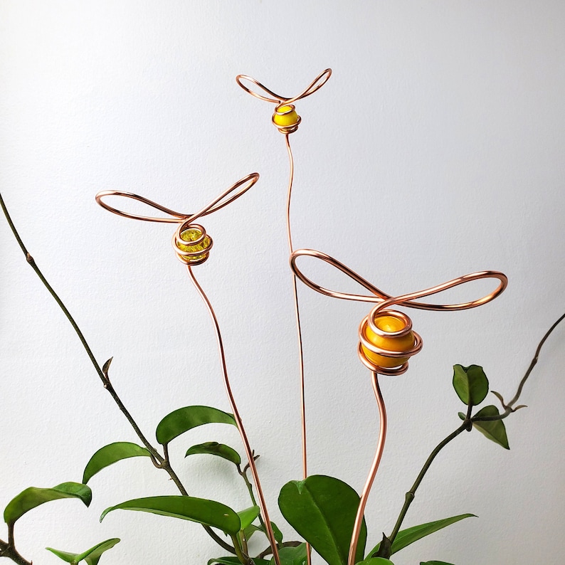 Hand-sculpted Copper Bee Plant Stake, Glass Garden Art, Houseplant ...