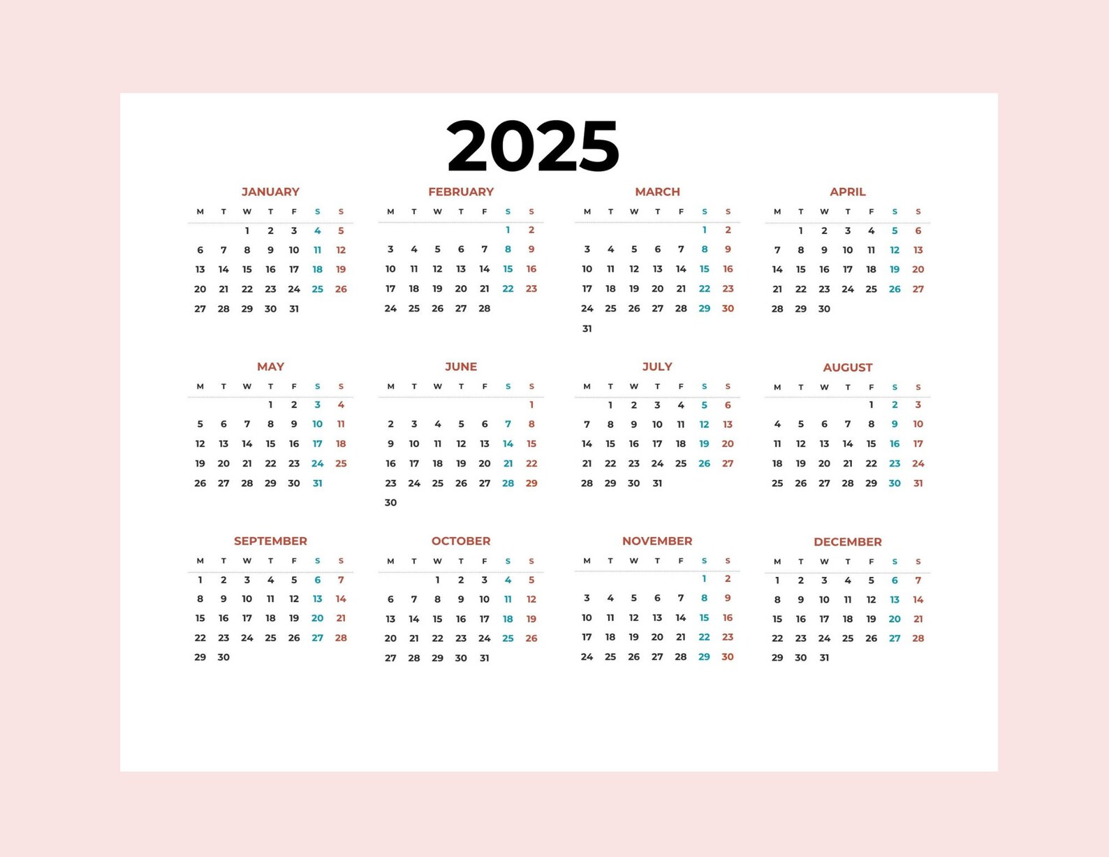 2025 Year Calendar Printable, Horizontal Format, Wall Calendar for 2025 ...