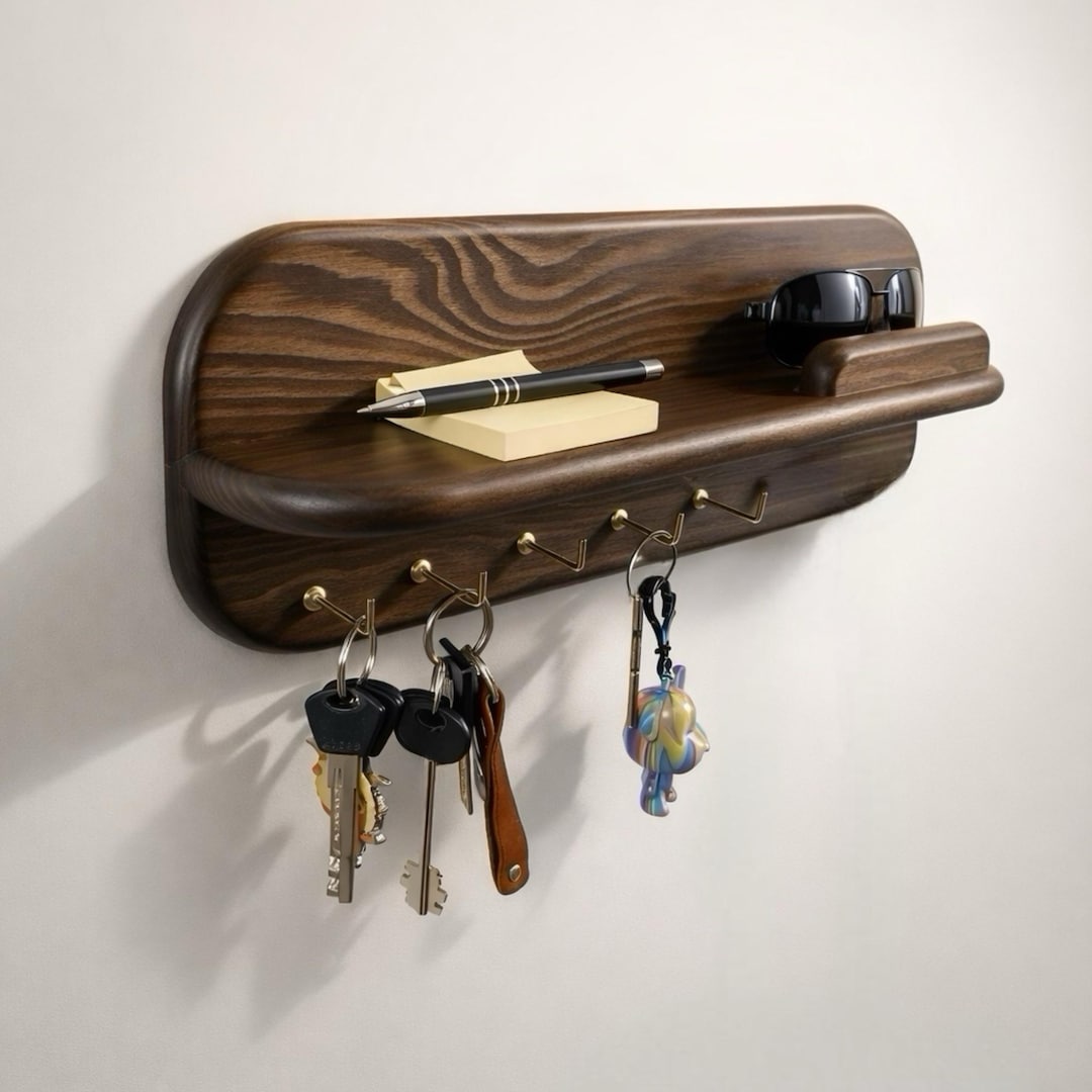 Key Holder: Wooden Wall-mounted Key Shelf With Hooks & Magnetic Storage ...