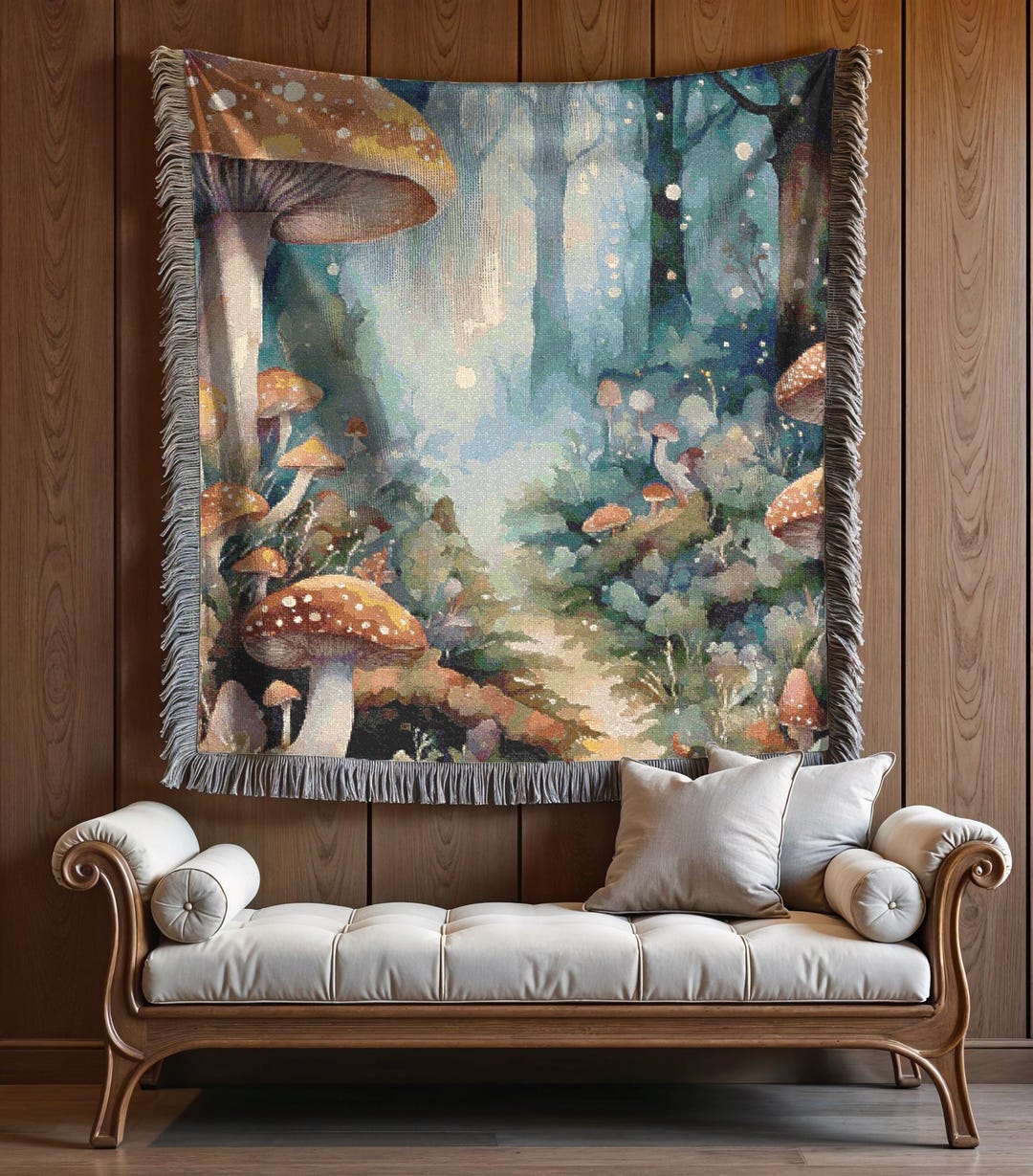 Mushroom Design Cozy Reading Throw for Book Lovers Cotton Woven Fringed ...