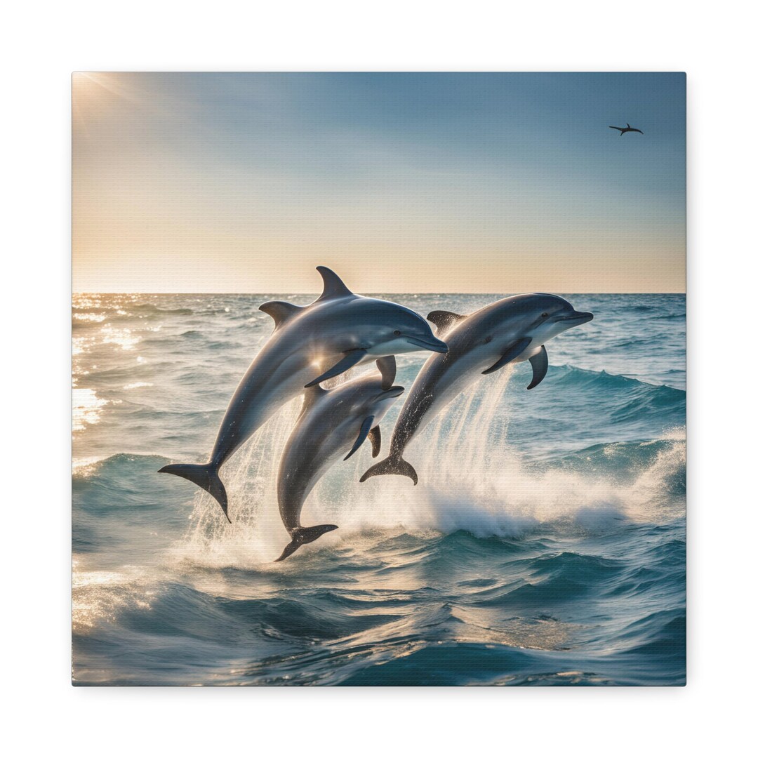 Dolphins Jumping in Ocean Print Wall Art Matte Canvas, Stretched, 1.25 ...