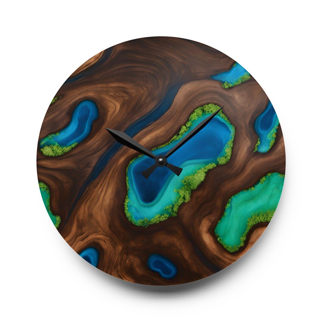 Rustic Wood-look Geode-inspired Mossy Design Acrylic Clock Unique ...