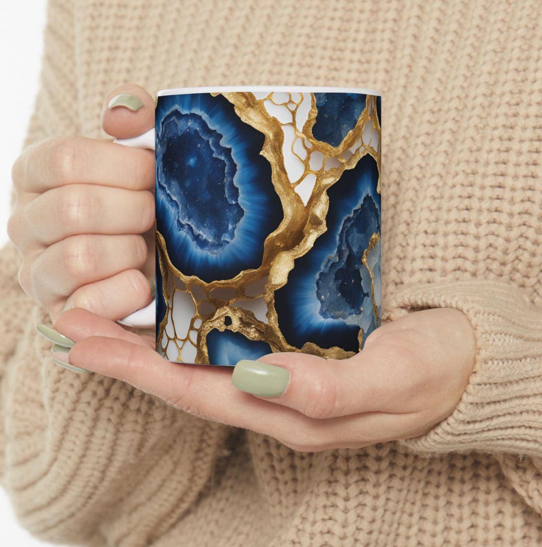 Blue and Gold Geode-look Ceramic Coffee Tea Hot Chocolate Mug Boho Gift ...