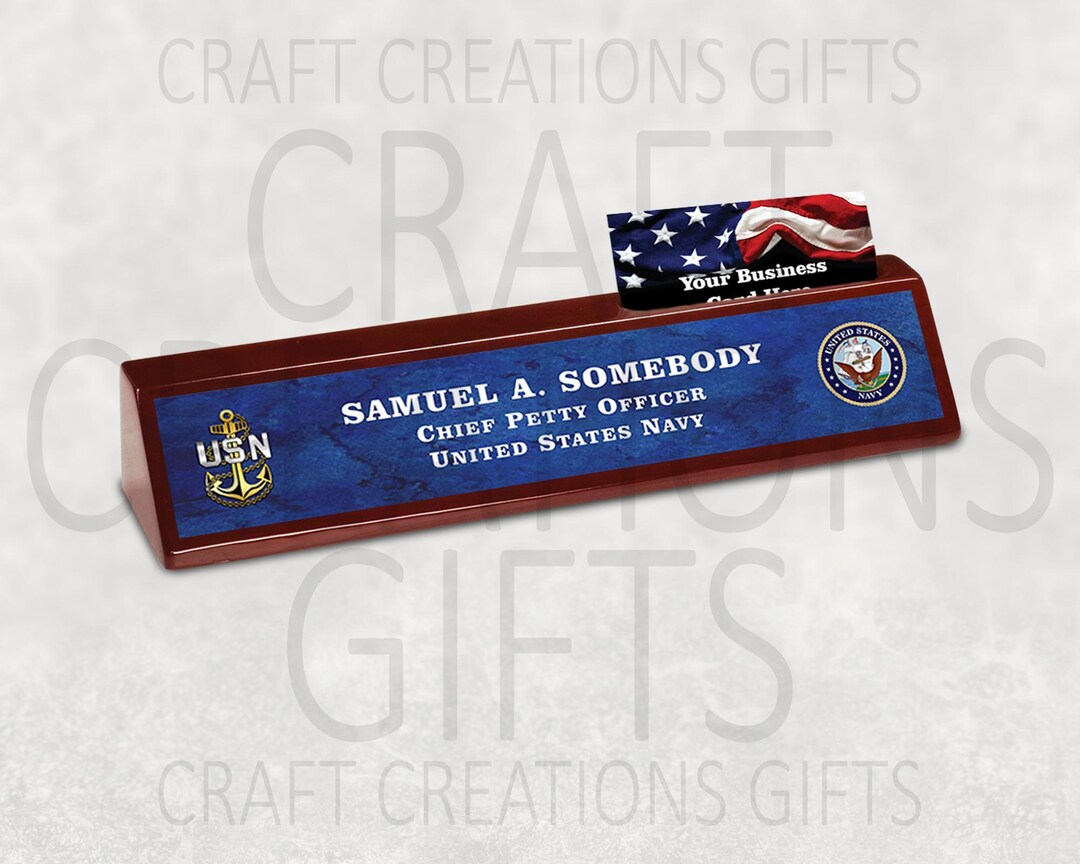 CUSTOM NAVY Executive Desk Name Plate With Business Card Holder Wedge ...