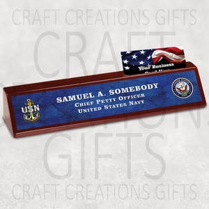 CUSTOM NAVY Executive Desk Name Plate With Business Card Holder Wedge ...