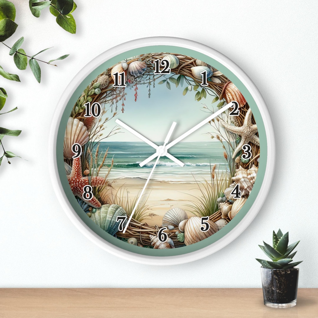 Wall Clock Coastal Seashell Beach Ocean Shoreline Decor 10 Inch Round ...