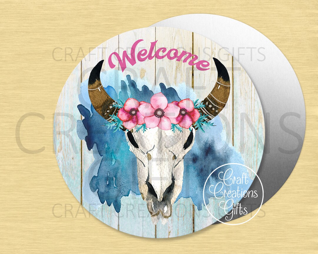 CRAFT SIGN Welcome Cow Skull Floral Tiered Tray Round Crafts Decor ...
