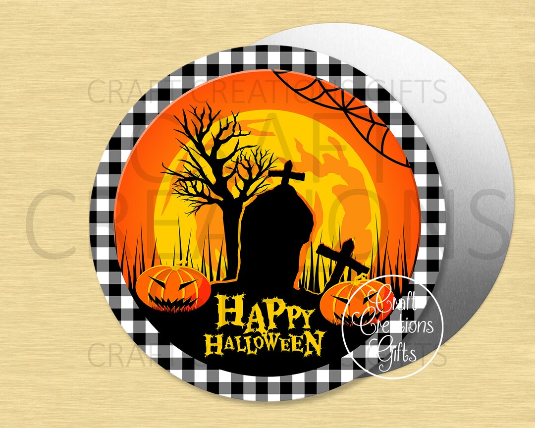 METAL SIGN Happy Halloween Fall Round Attachment Black White Gingham ...