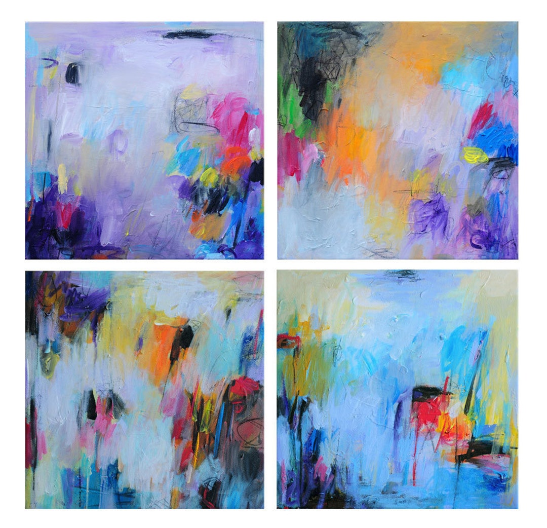 Art Prints Set of 4 Giclée Abstract Art Signed by Artist, Blue Artwork ...