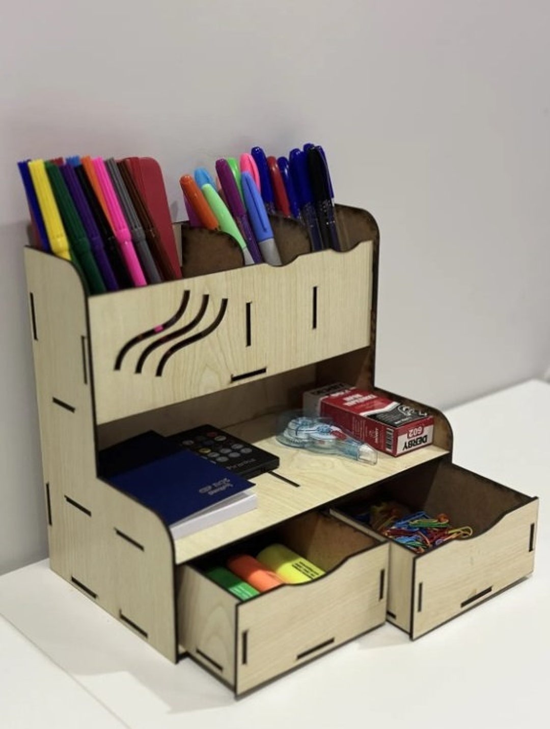 Wooden Desktop Pen Holder With Drawers - Etsy