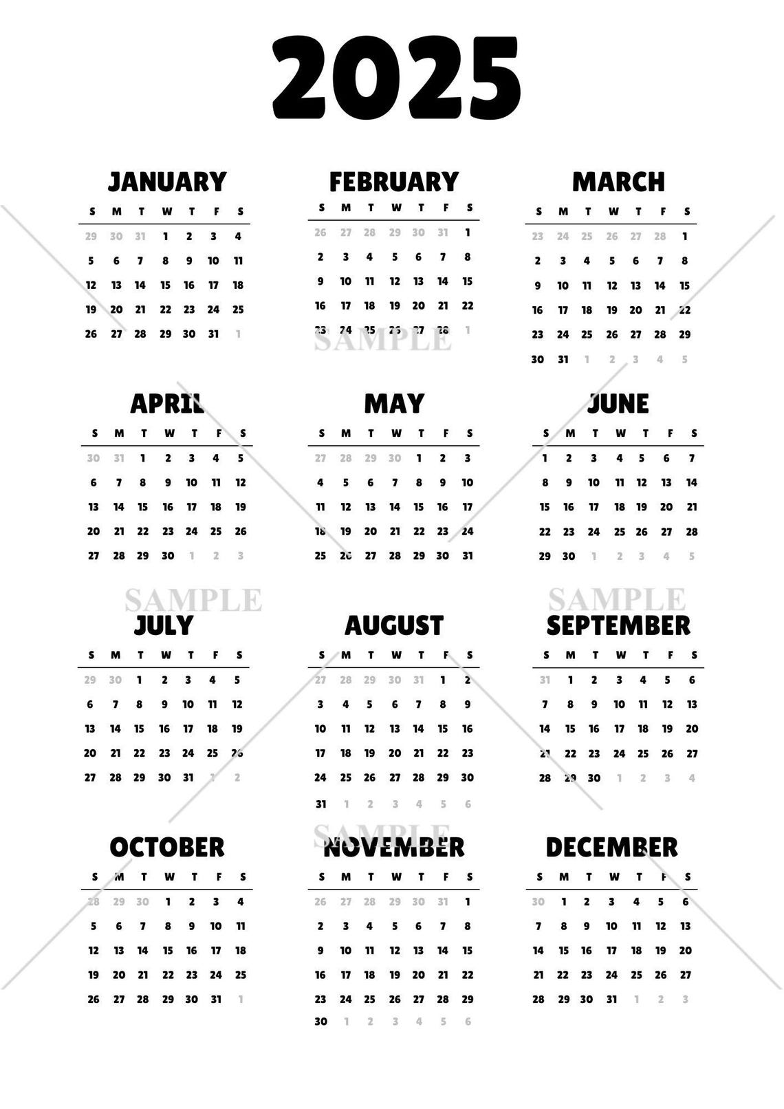 2025 Calendar PNG SVG JPG - Transparent Background Clip Art - Instant ...