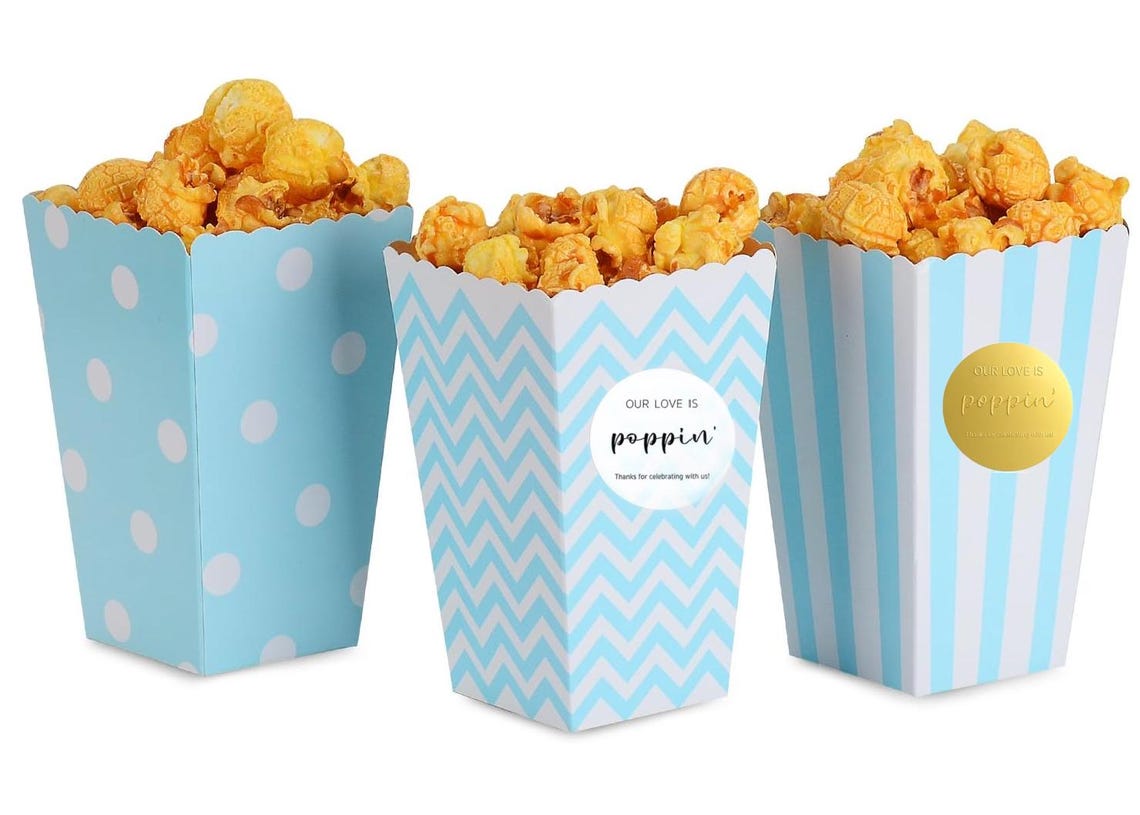 Blue Custom Popcorn Boxes- LOVE IS POPPIN Disposable Boxes, Snack Boxes ...