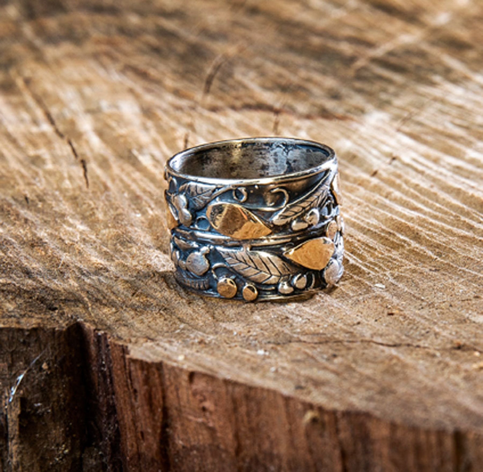 Silver and Gold Flower Ring Wide Silver Band Wedding Band - Etsy